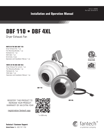 Fantech DBF110 Dryer Booster Fan System Instructions | Manualzz