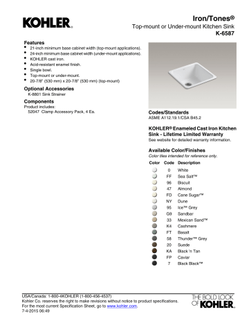 Kohler K-6587-20 Dual Mount Cast-Iron 21 in. Single Basin Kitchen Sink ...