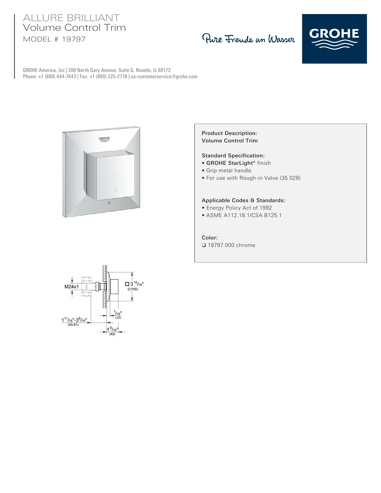 GROHE 19797000 Allure Brilliant 1-Handle Volume Control Valve Only Trim ...