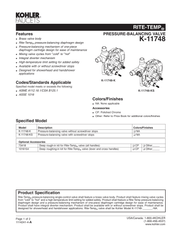 Kohler K-11748-KS-NA Rite-Temp Valve Specification | Manualzz