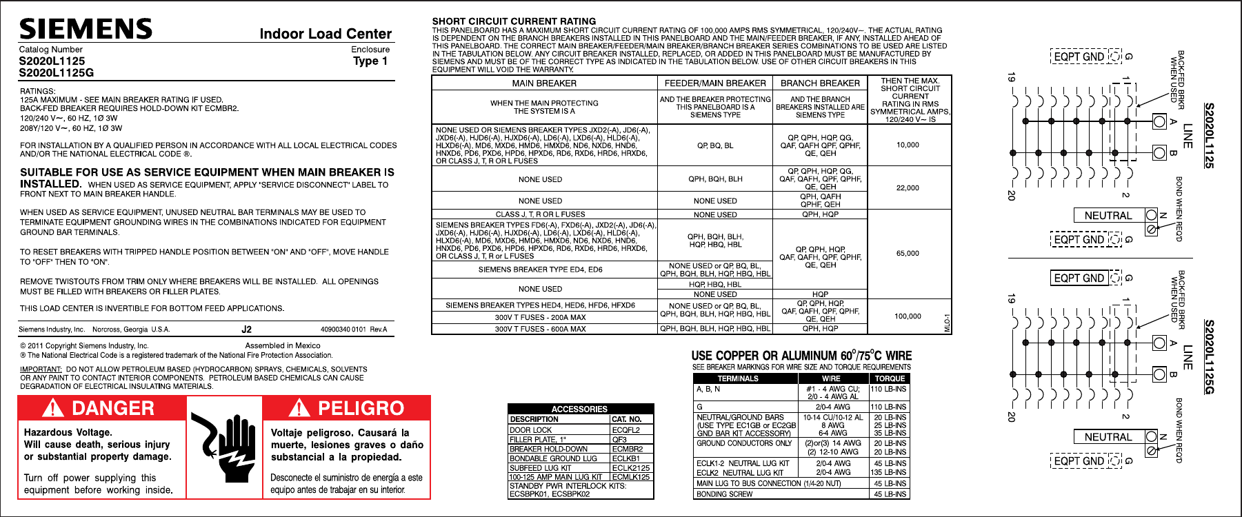 Siemens S2020L1125 ES Series 125 Amp 20-Space 20-Circuit Main Lug ...