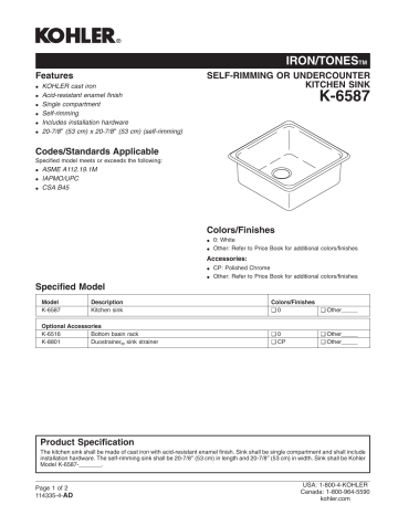 Kohler K-6587-7 Dual Mount Cast-Iron 21 in. Single Basin Kitchen Sink ...