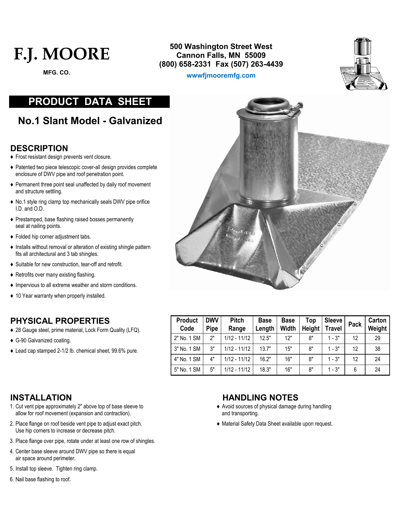 F.J. Moore 4 4 in. Galvanized Steel Vent Pipe Flashing - Standard Pitch Specification | Manualzz