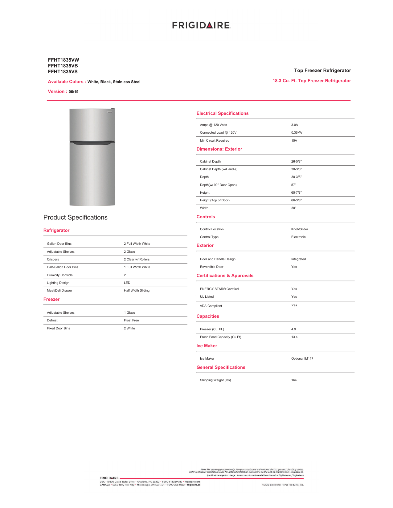 Frigidaire FFHT1835VS 18.3 cu. ft. Top Freezer Refrigerator in ...