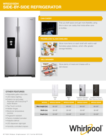 Whirlpool WRS321SDHZ 21 cu. ft. Side by Side Refrigerator Specification ...