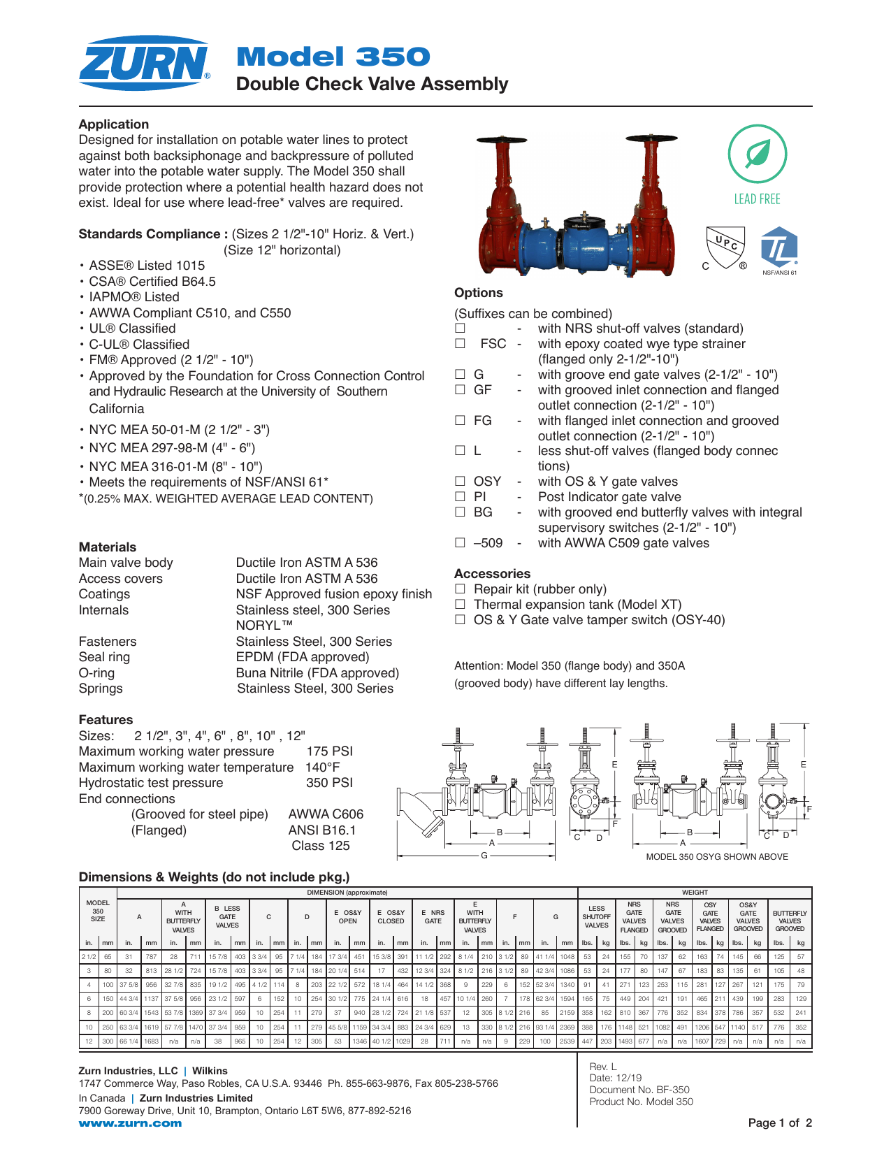 Zurn 6-375OSY 6 in. Iron Reduced Pressure Principle Backflow Preventer ...