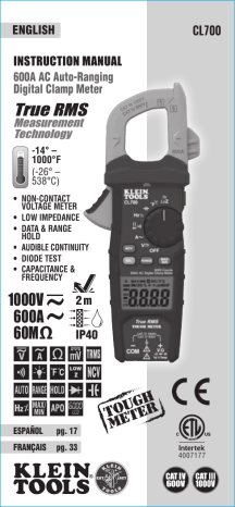 Klein Tools CL700 600 Amp AC True RMS Auto-Ranging Digital Clamp Meter ...