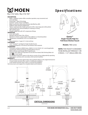 Moen 7882 Genta™ Single Handle Pull Down Kitchen Faucet Specification ...