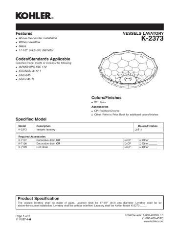 Kohler K-2373-B11 Briolette Glass Vessel Sink Specification | Manualzz