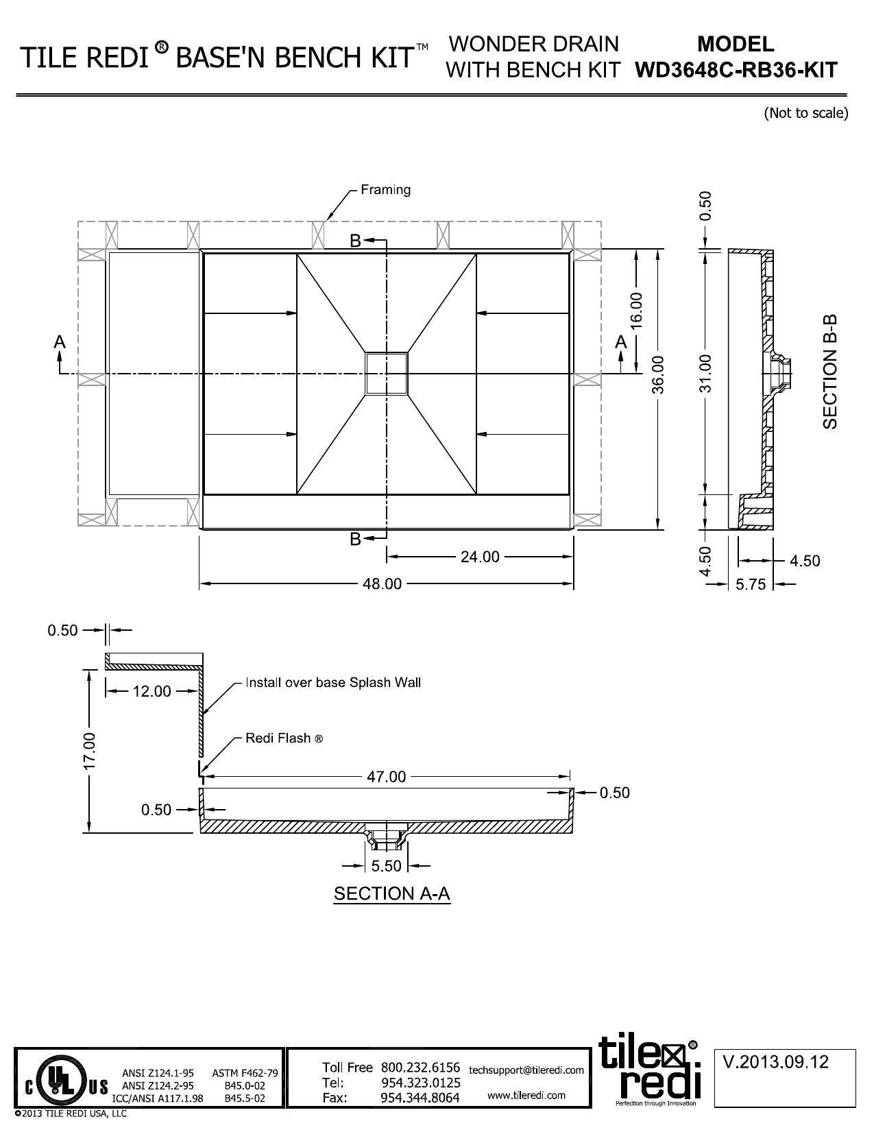 Tile Redi WD3648C-RB36-KIT Base'N Bench 36 in. x 60 in. Single ...