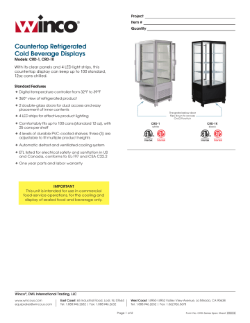 Winco Countertop Refrigerated Beverage Display Spec Sheet | Manualzz