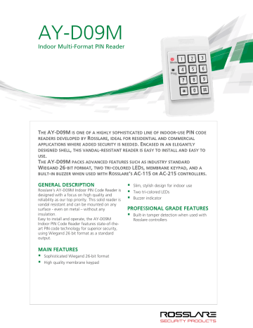 Rosslare AY-D09M Indoor Multi-Format PIN Reader Data Sheet | Manualzz