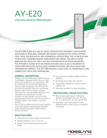 Rosslare AY-E20 Ultra-Slim Mullion PROX Reader Data Sheet | Manualzz