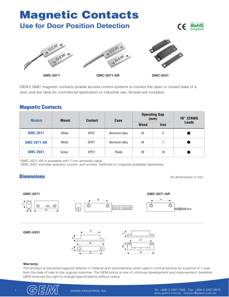 Gianni Industries GMC-2071, GMC-2071-AR, GMC-2031 Datasheet | Manualzz