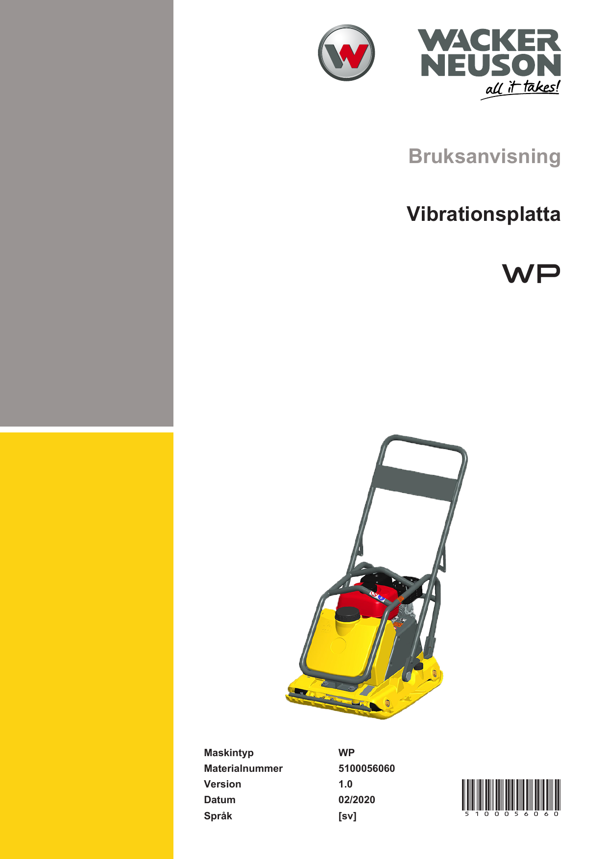 Wacker Neuson WP1540AW Single direction Vibratory Plate Användarmanual ...