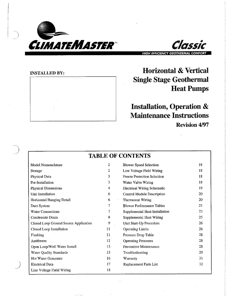 ClimateMaster Horizontal/Vertical WSHP User manual | Manualzz