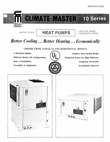 Climatemaster Horizontal/Vertical WSHP 10 Series Specification | Manualzz