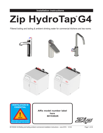 Zip HydroTap G4 3-in-1 CLASSIC tap BHA Installation instructions | Manualzz