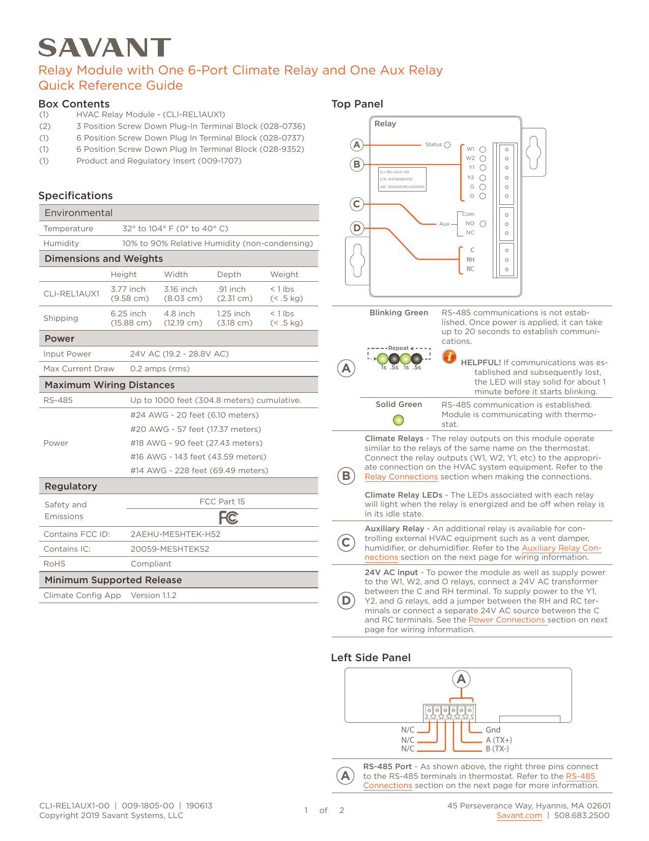 Savant CLI-REL1AUX1-00 RELAY MODULE WITH ONE 6-PORT CLIMATE RELAY (W1 ...