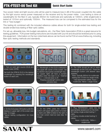 Savant FTK-FTEST-00 FIBER TESTING KIT Quick Reference Guide | Manualzz