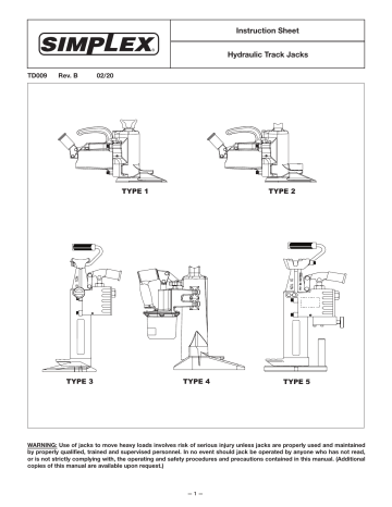 Simplex TJH109, TJH109LS Toe Jacks - TD009 B Instruction Manual | Manualzz