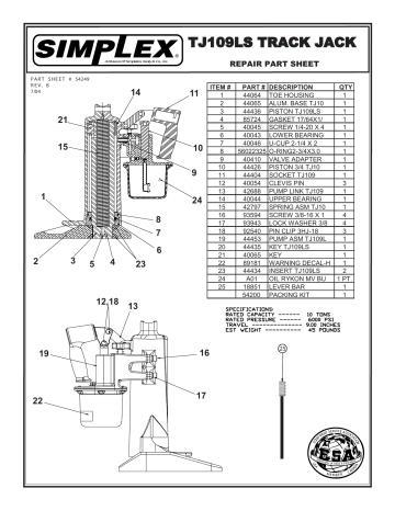 Simplex TJ109LS Track Jack - 54249 B Repair Part Sheet | Manualzz