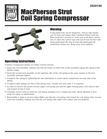 Power Fist 2920186 Strut Spring Compressor Owner's Manual | Manualzz