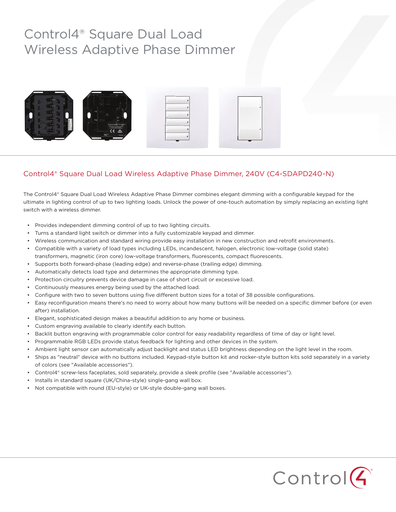 Control4 C4-SDAPD240 Square Dual Load Adaptive Phase Dimmer 240v Data ...