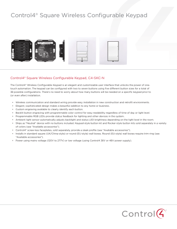Control4 Square Wireless Config Keypad 240V Data Sheet | Manualzz