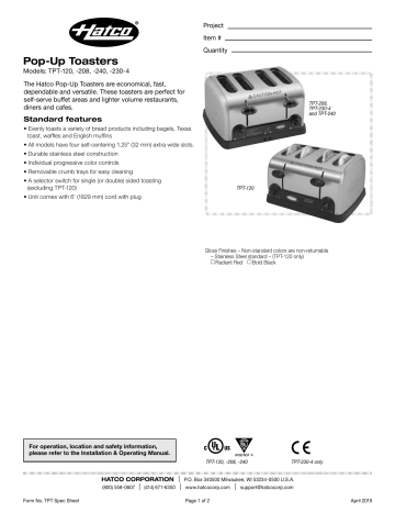 Hatco TPT Series Pop-Up Toaster Spec Sheet | Manualzz