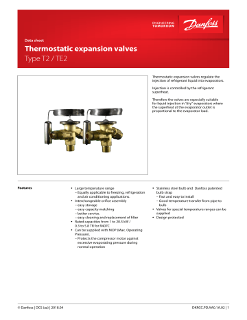 Danfoss Thermostatic expansion valves.Type T2 / TE2 数据表 | Manualzz