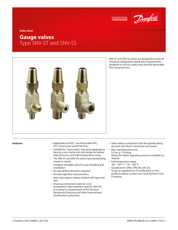 Danfoss Gauge valves, types SNV-ST and SNV-SS Data Sheet | Manualzz