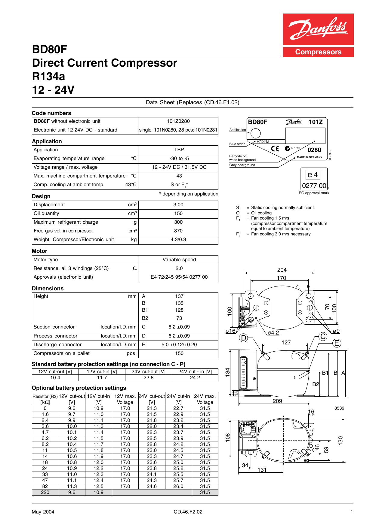 Danfoss BD80F Direct Current Compressor R134a 12-24V DC Datasheet ...