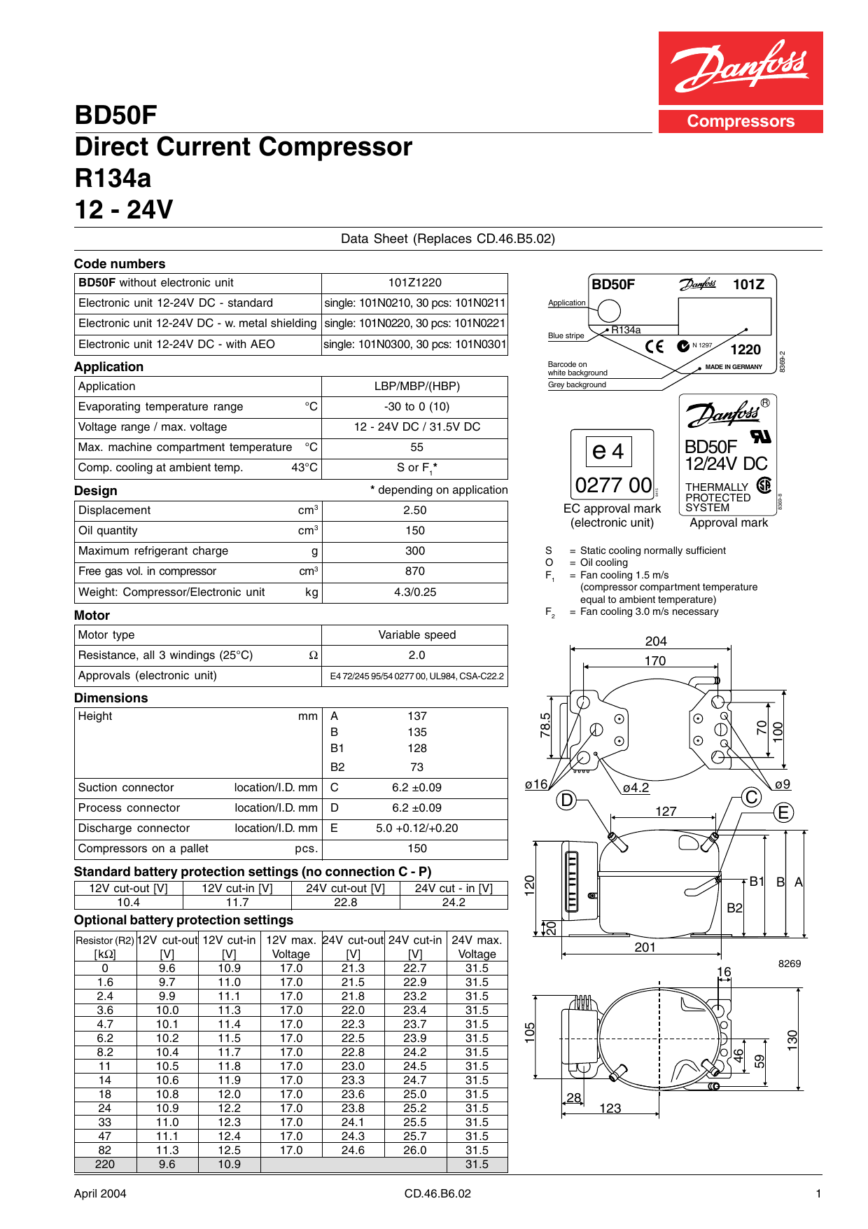 Danfoss BD50F Direct Current Compressor 12-24V DC Datasheet | Manualzz