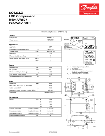 Danfoss SC12CLX LBP Compressor R404A/R507 220-240V 60Hz 数据表 | Manualzz