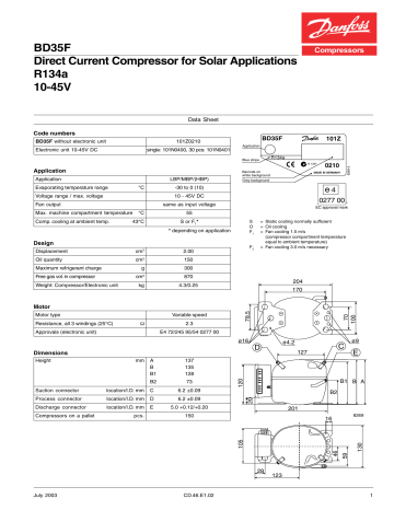 Danfoss BD35F Direct Current Compressor for Solar Data Sheet | Manualzz