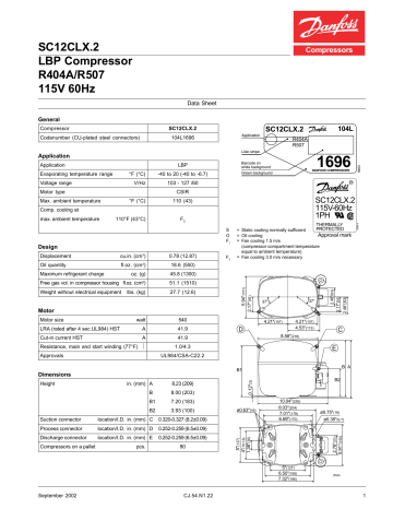 Danfoss SC12CLX.2 LBP Compressor R404A/R507 115V 60Hz Data Sheet | Manualzz