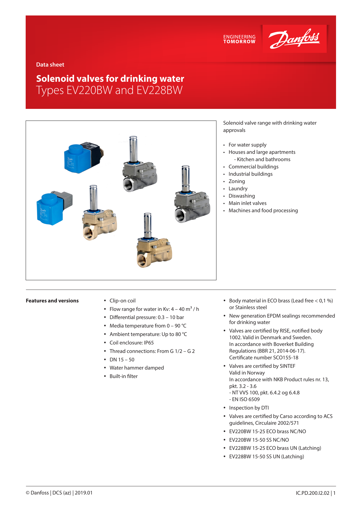 Danfoss Solenoid valves for drinking water, Types EV220BW and EV228BW ...