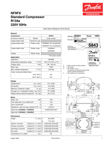 Danfoss NF9FX Standard Compressor R134a 220V 50Hz 数据表 | Manualzz