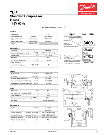 Danfoss TL4F Standard Compressor R134a 115V 60Hz Data Sheet | Manualzz