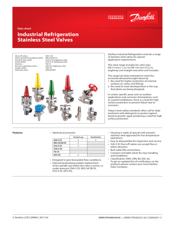 Danfoss Industrial Refrigeration Stainless Steel Valves - SVA-S SS, REG ...