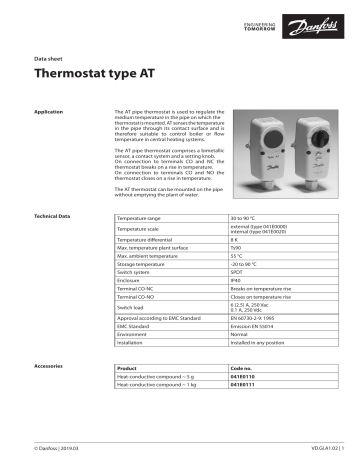 Danfoss Surface thermostat AT Data Sheet | Manualzz