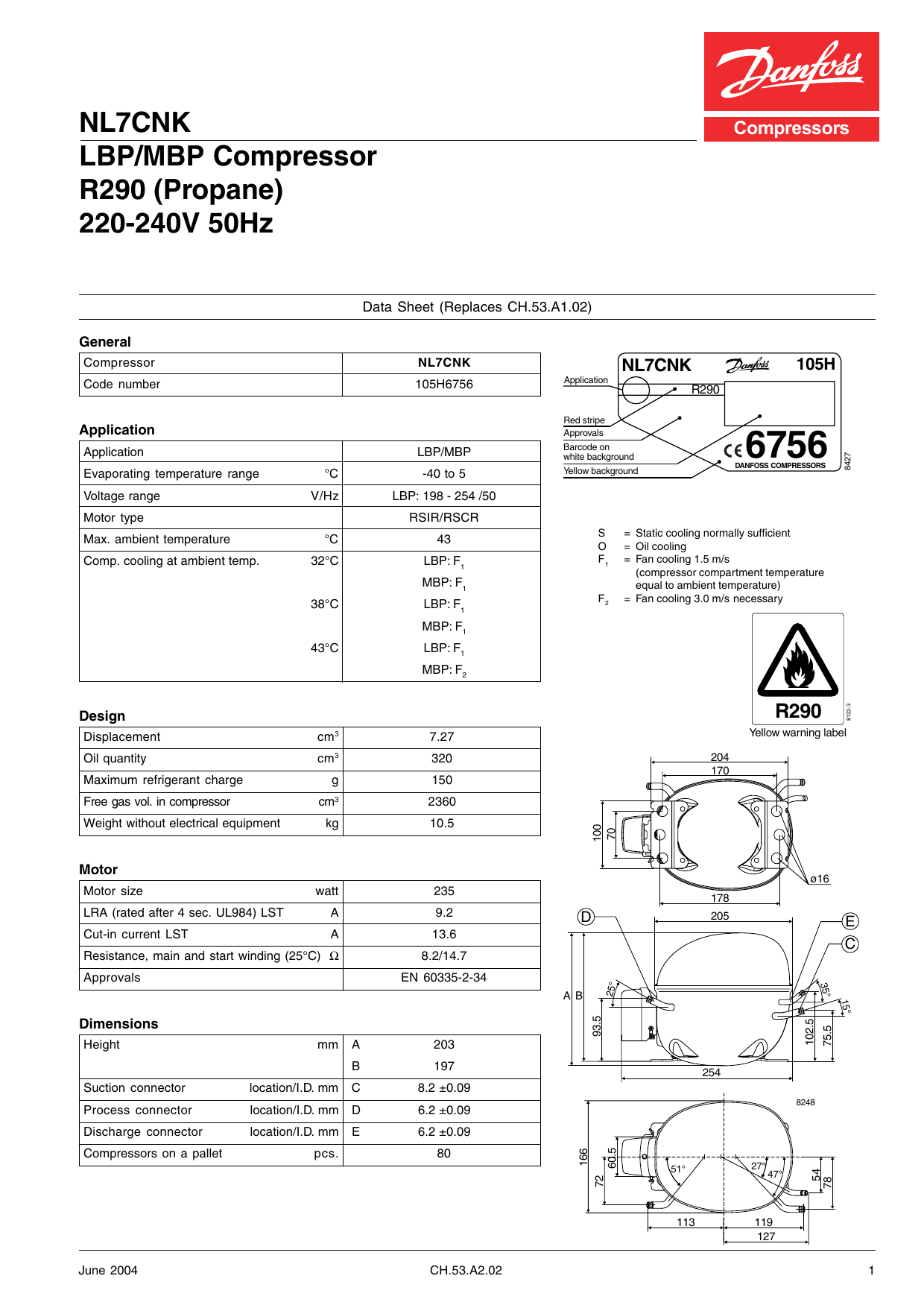 Danfoss NL7CNK LBP/MBP Compressor R290 (Propane) 220-240V 50Hz ...