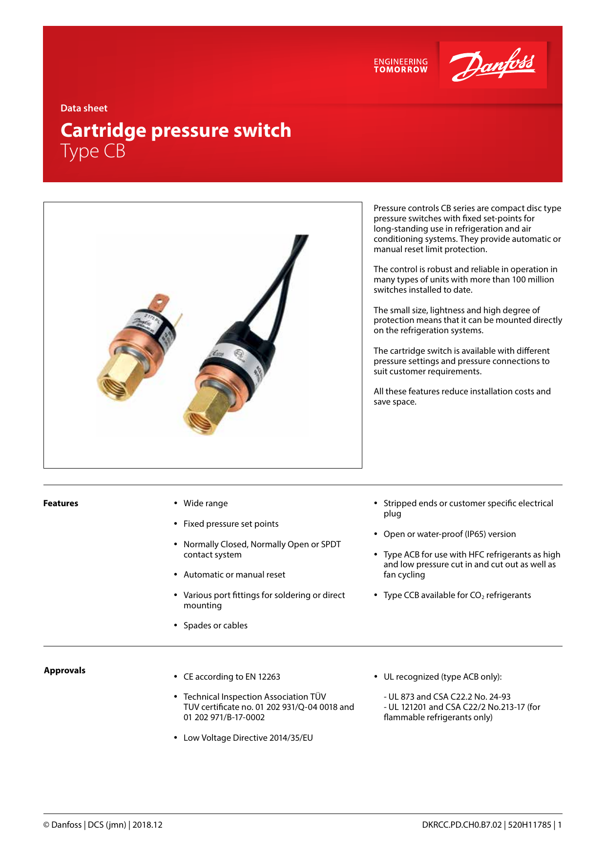 Danfoss Saginomiya Cartridge Pressure Switch Type Cb Data 41 Off