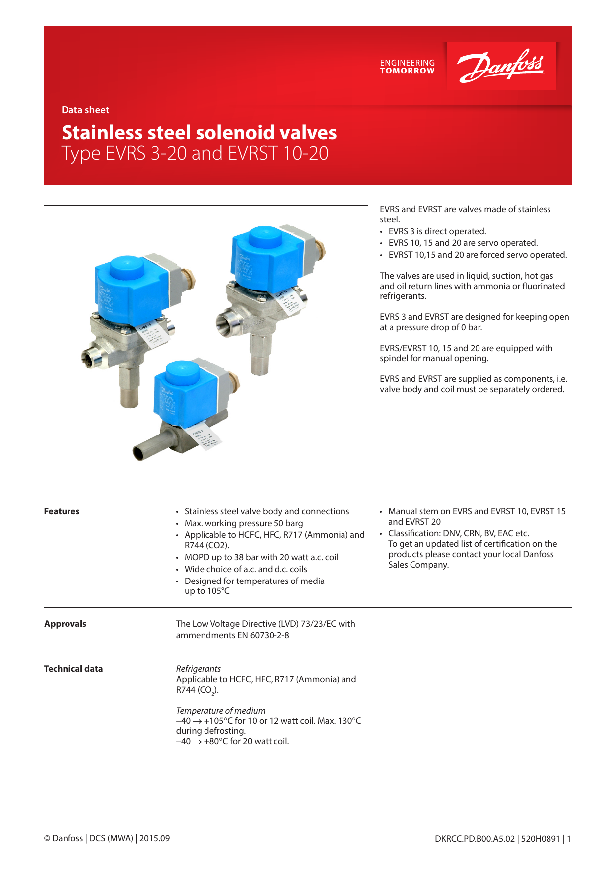 Danfoss Stainless steel solenoid valves EVRS 3-20 and EVRST 10-20 Datasheet | Manualzz