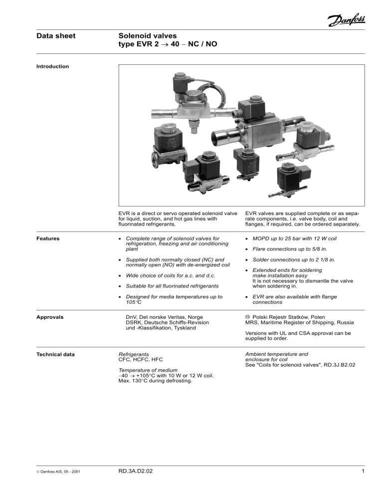 Danfoss Solenoid valvestype EVR 2 to 40 - NC / NO Datasheet | Manualzz