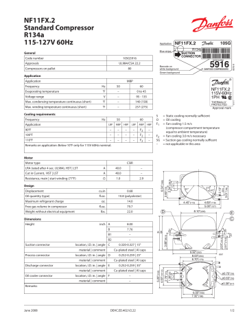 Danfoss NF11FX.2 Standard Compressor R134 115-127V 60Hz 数据表 | Manualzz