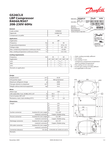 Danfoss GS26CLX LBP Compressor R404A/R507 208-230V 60Hz 数据表 | Manualzz