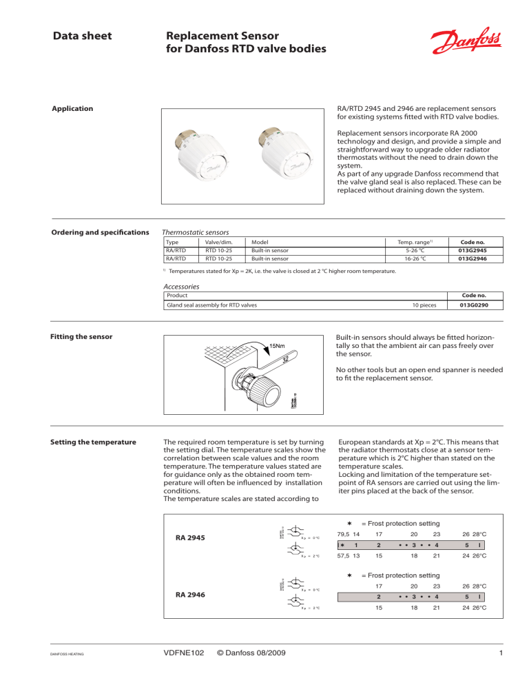 Danfoss Replacement sensor for RTD valves Datasheet | Manualzz