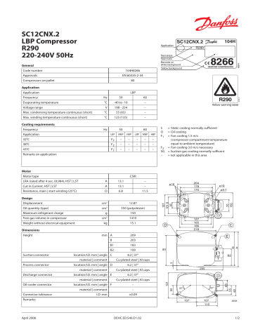 Danfoss SC12CNX.2 LBP Compressor R290 220-240V 50Hz 数据表 | Manualzz